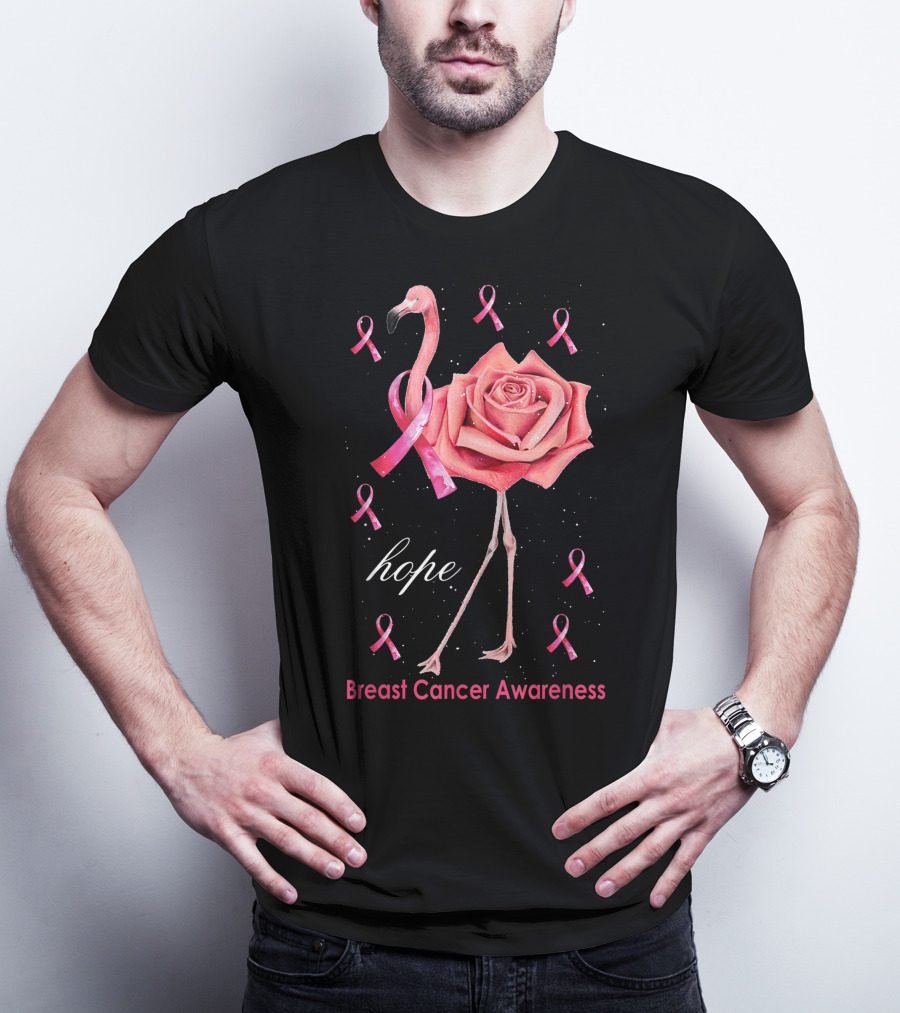 Hope Flamingo Breast Cancer Awareness Pink Ribbon Flower T-Shirt