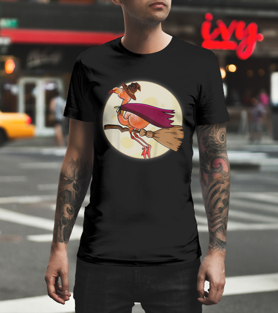 Funny Flamingo Witch Halloween Costume Colorful Lovers Broomstick Moon Hat T-Shirt