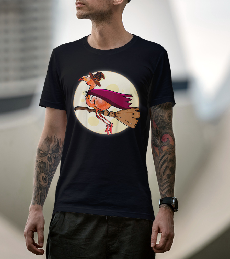 Funny Flamingo Witch Halloween Costume Colorful Lovers Broomstick Moon Hat T-Shirt