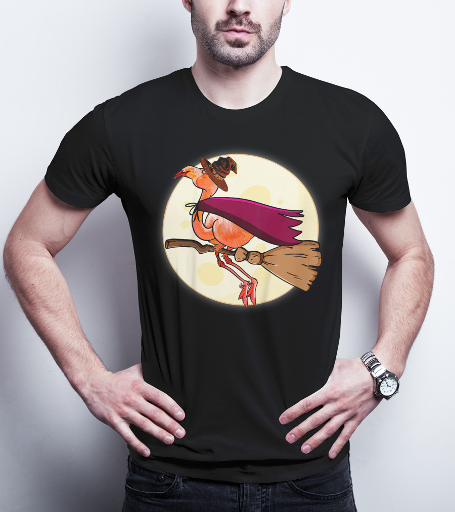 Funny Flamingo Witch Halloween Costume Colorful Lovers Broomstick Moon Hat T-Shirt