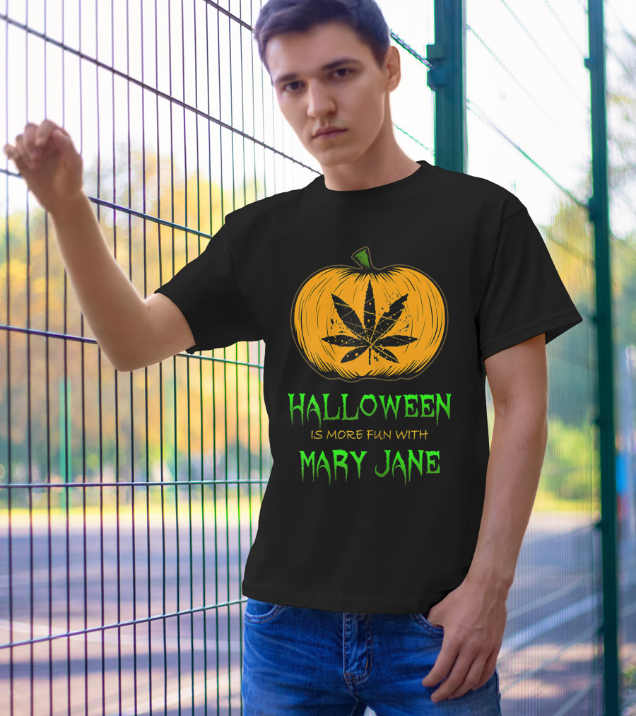 Halloween Is More Fun With Mary Jane Pumpkin Weed Leaf T-Shirt