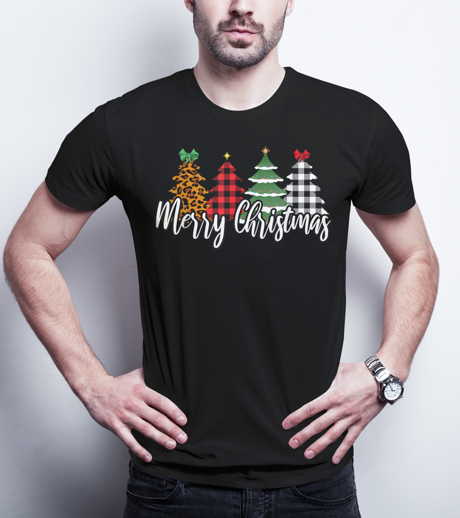 Merry Christmas Leopard Print Buffalo Plaid Holiday Trees T-Shirt