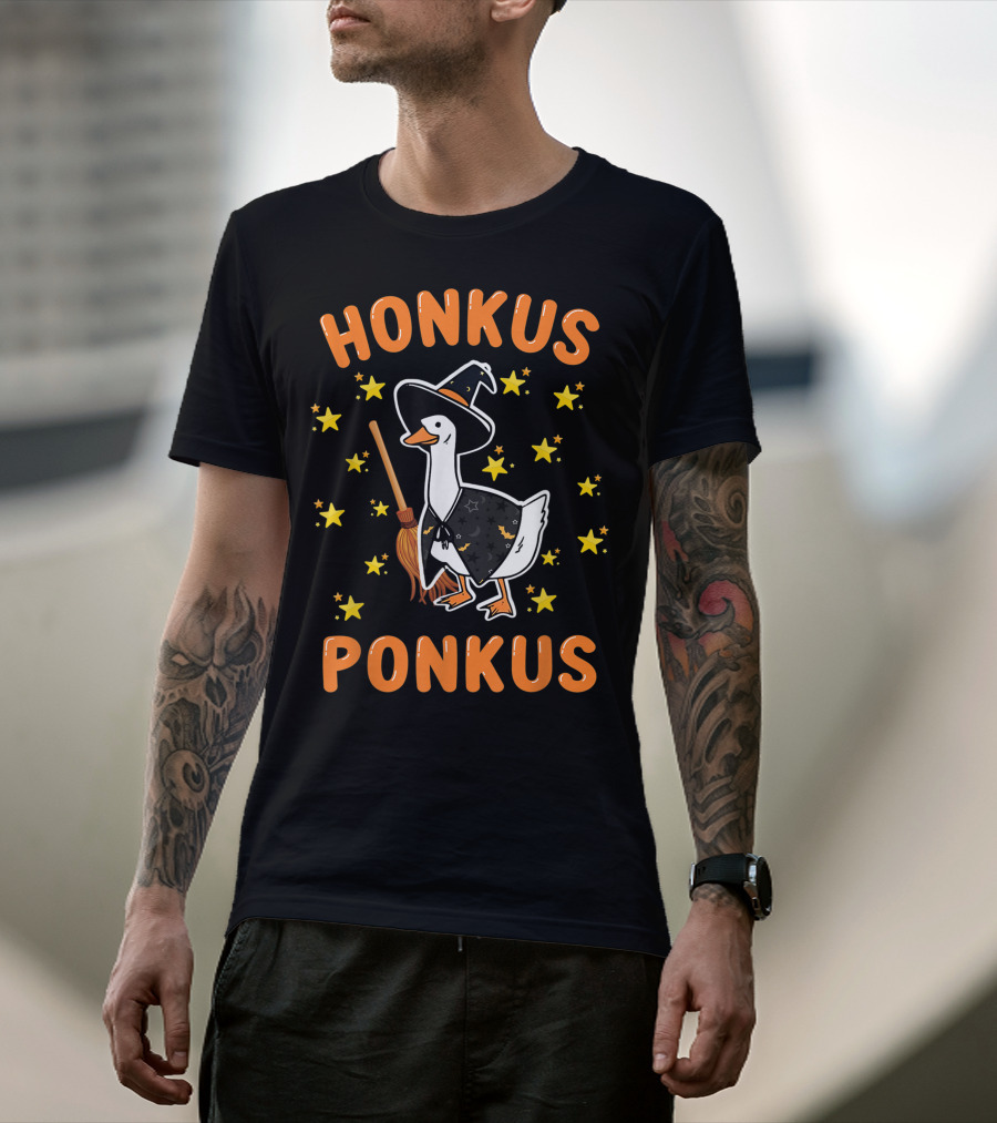 Honkus Ponkus Witch Goose Halloween Magic Stars Broom T-Shirt