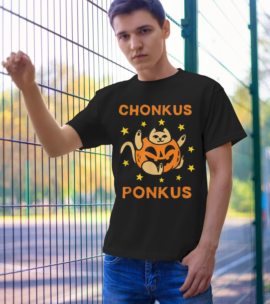 Chonkus Ponkus Funny Halloween Pumpkin Chubby Cat With Stars T-Shirt