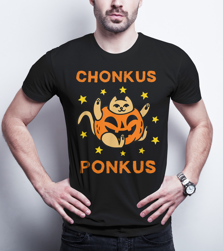 Chonkus Ponkus Funny Halloween Pumpkin Chubby Cat With Stars T-Shirt