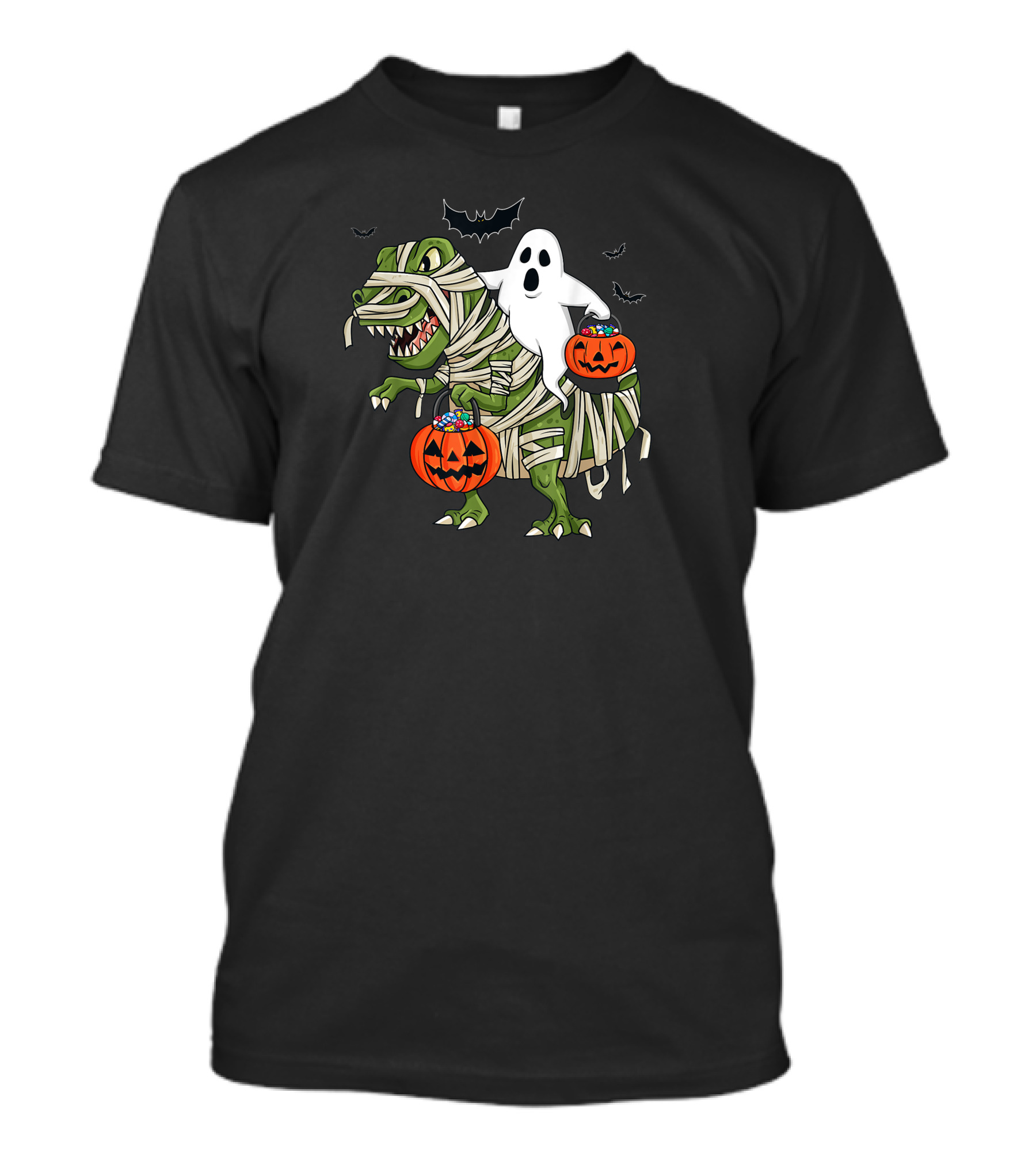 Halloween Ghost Riding Mummy Dinosaur With Pumpkins And Bats T-Shirt