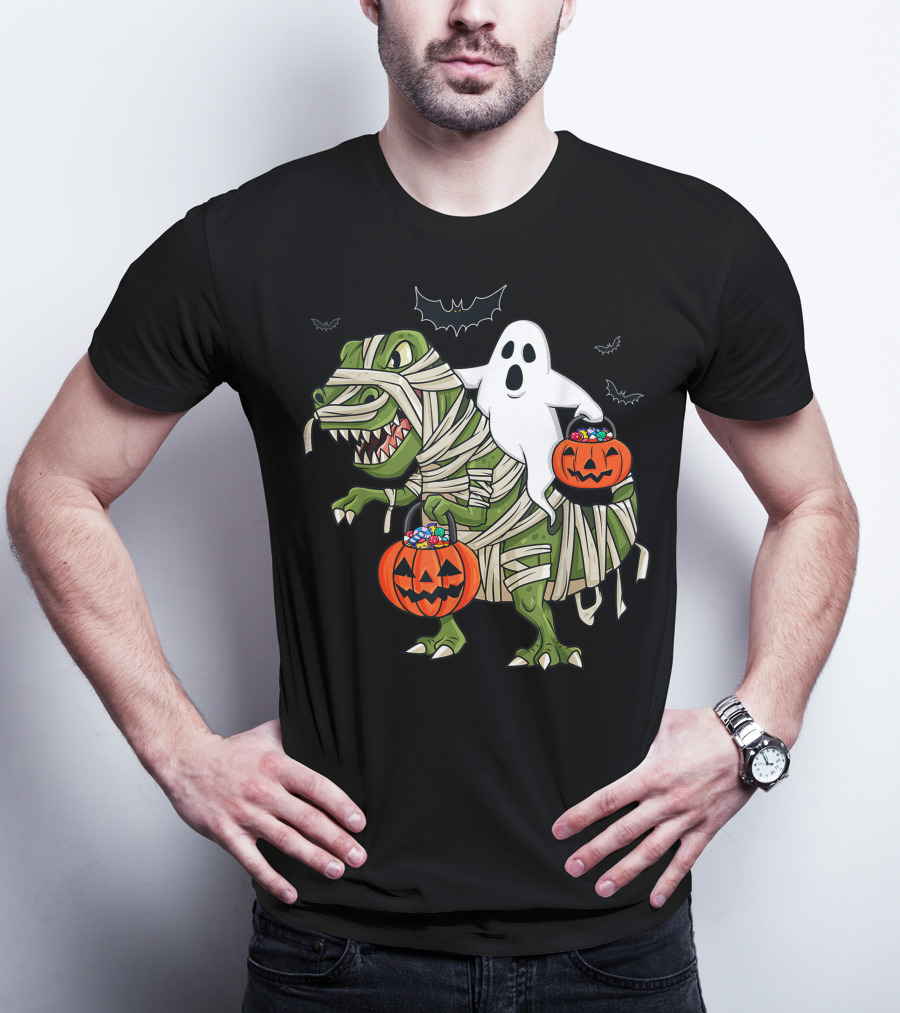 Halloween Ghost Riding Mummy Dinosaur With Pumpkins And Bats T-Shirt