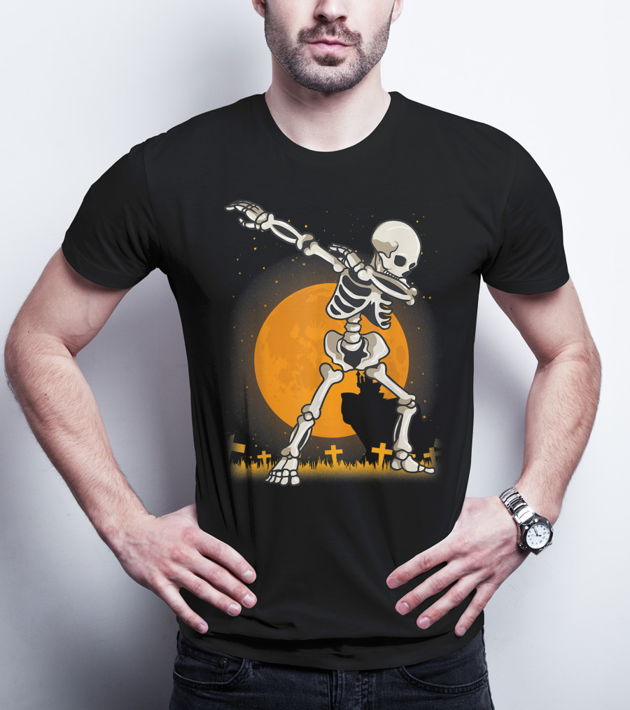 Dabbing Skeleton Dab Best Costume Halloween Moon Graveyard T-Shirt