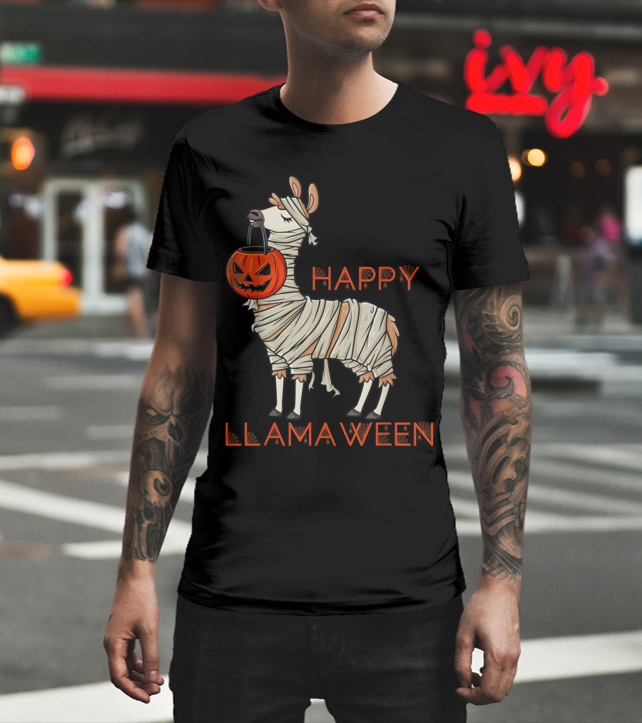 Halloween Llama Mummy Holding Pumpkin Happy Llamaween T-Shirt