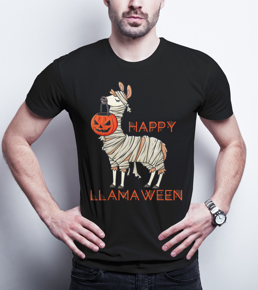 Halloween Llama Mummy Holding Pumpkin Happy Llamaween T-Shirt