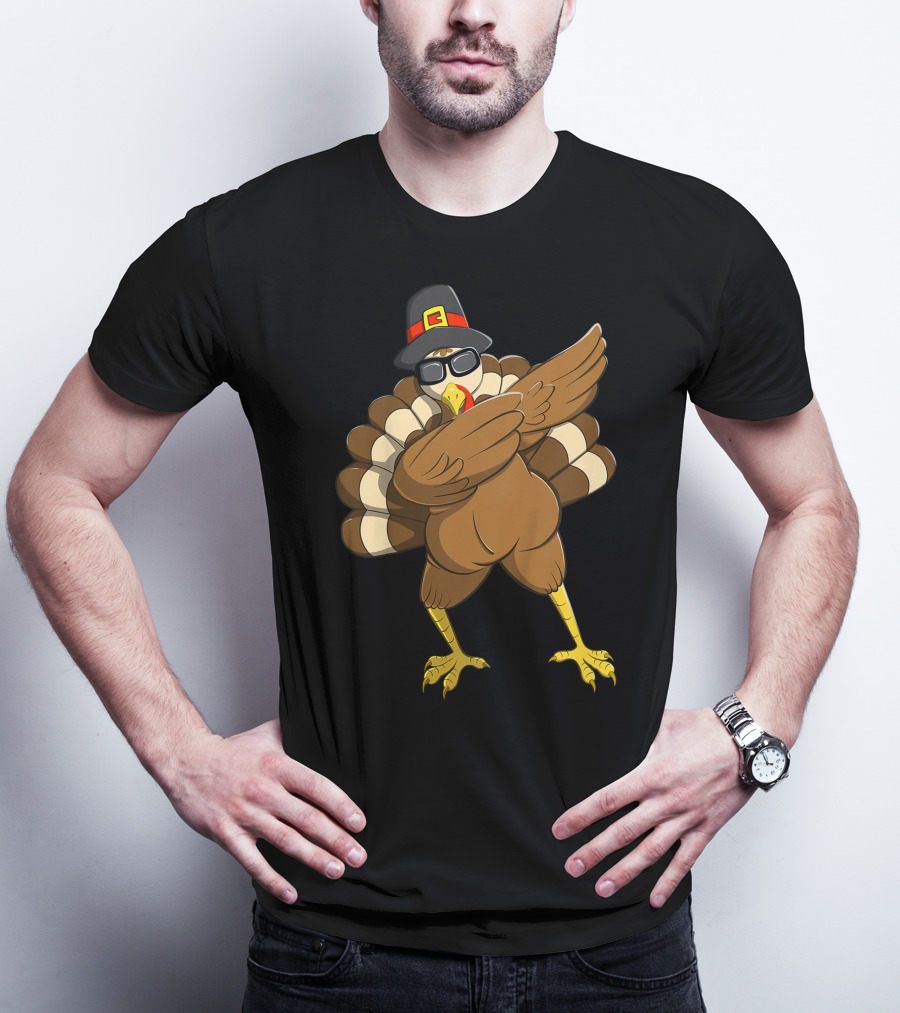 Happy Thanksgiving Day Family Funny Dab Turkey With Pilgrim Hat T-Shirt