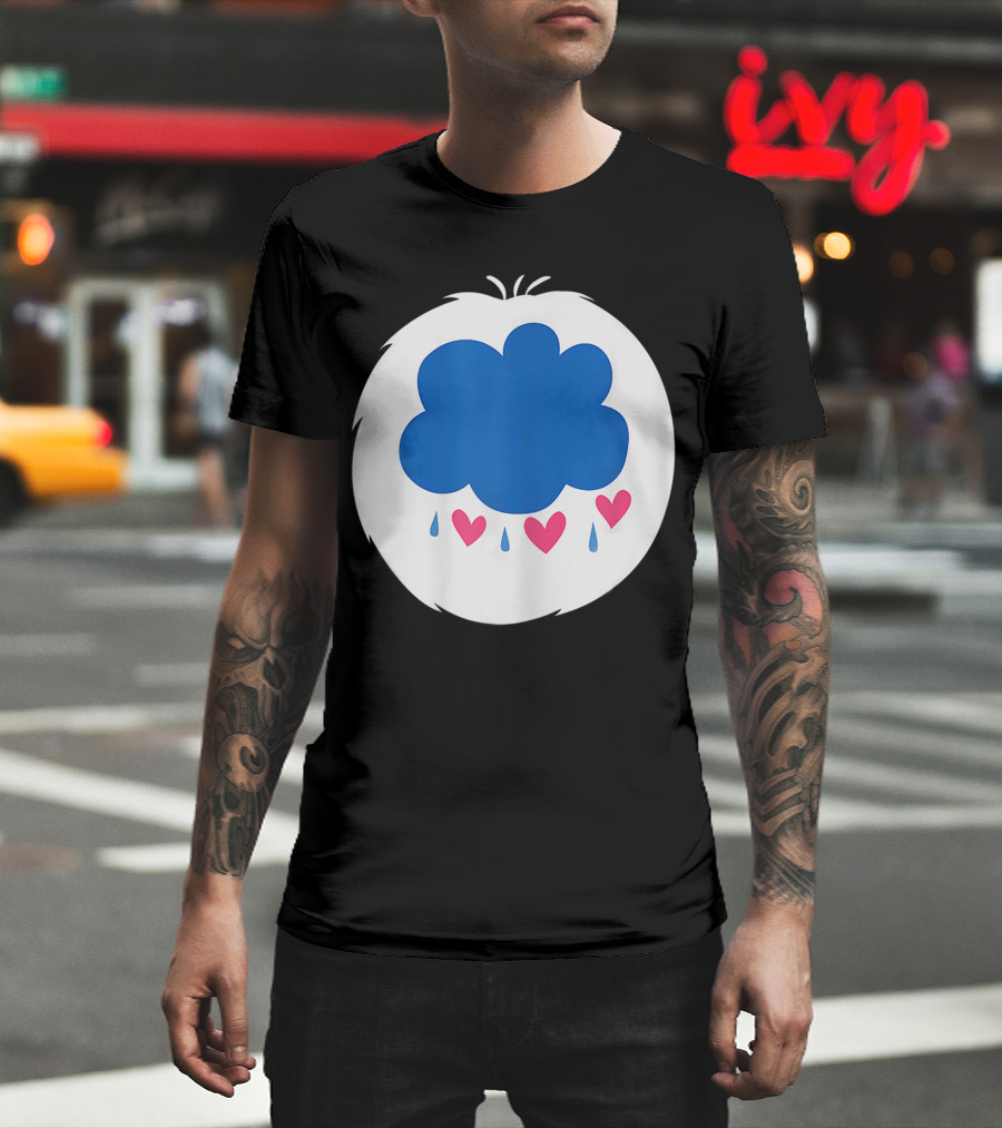Grumpy Care Bear Blue Cloud With Hearts And Raindrops T-Shirt