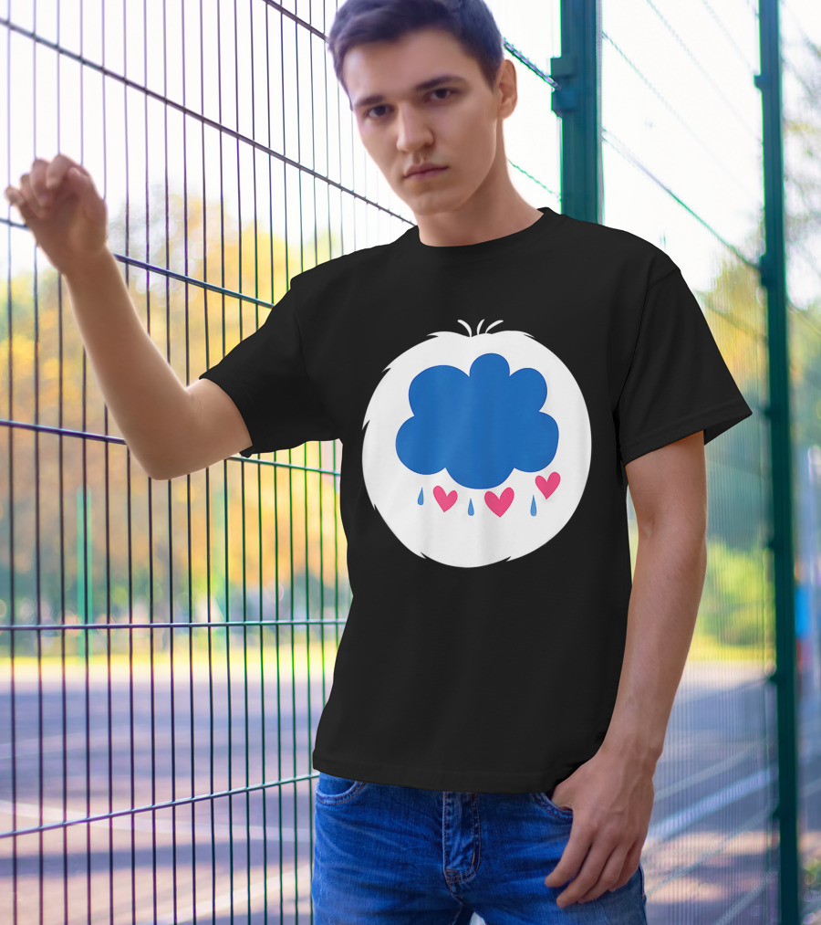 Grumpy Care Bear Blue Cloud With Hearts And Raindrops T-Shirt