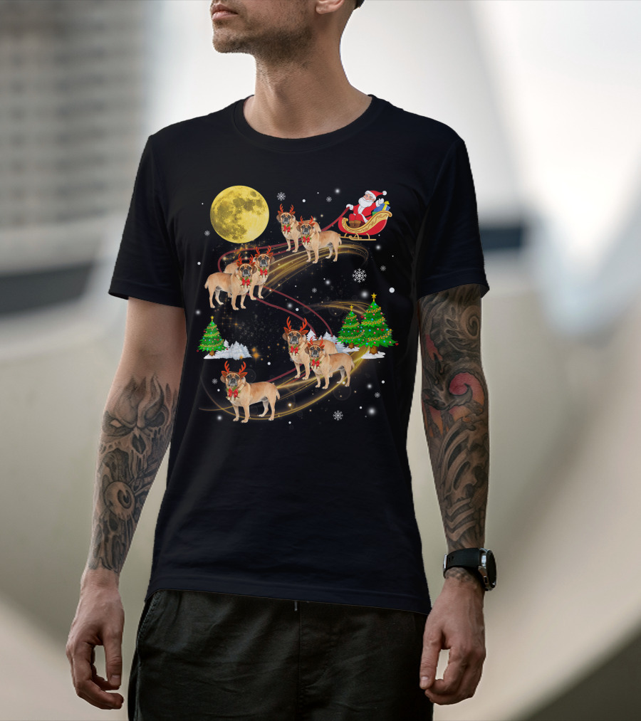 Puggle Reindeer Christmas Santa Sleigh Full Moon Holiday Scene T-Shirt