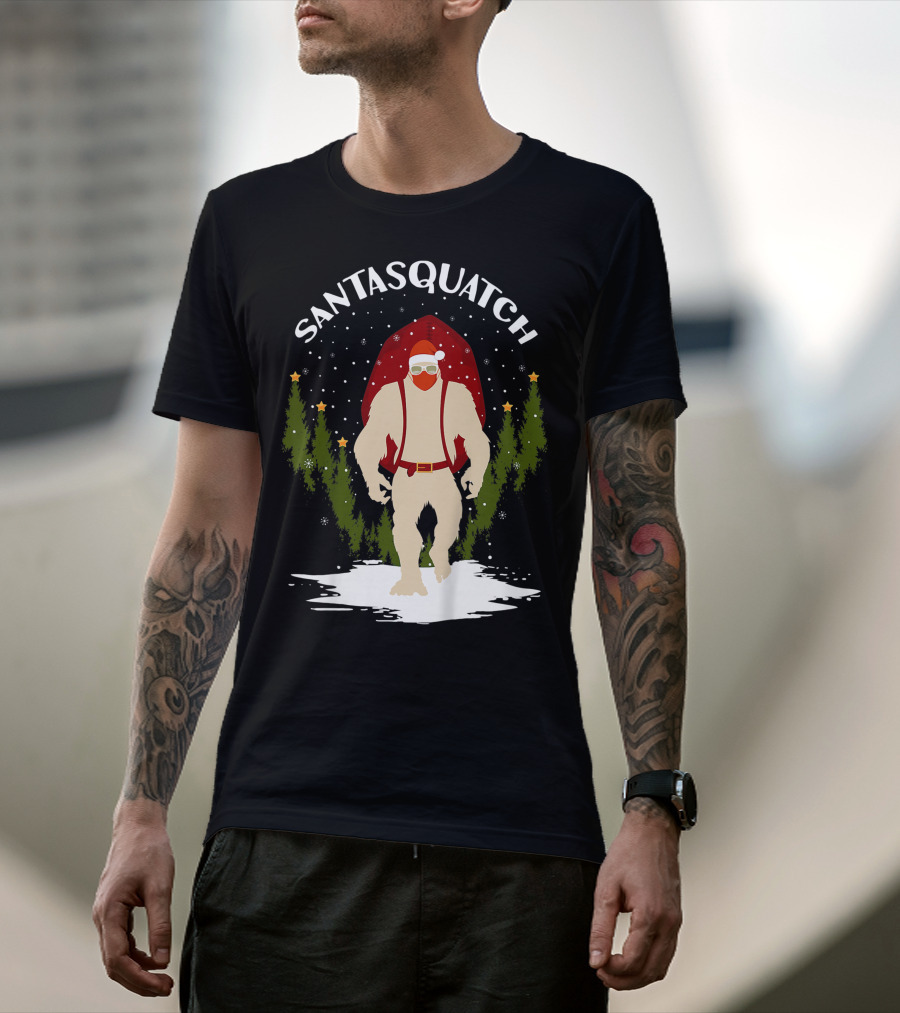 Santasquatch Bigfoot Christmas Santa Hat With Trees And Snowflakes T-Shirt