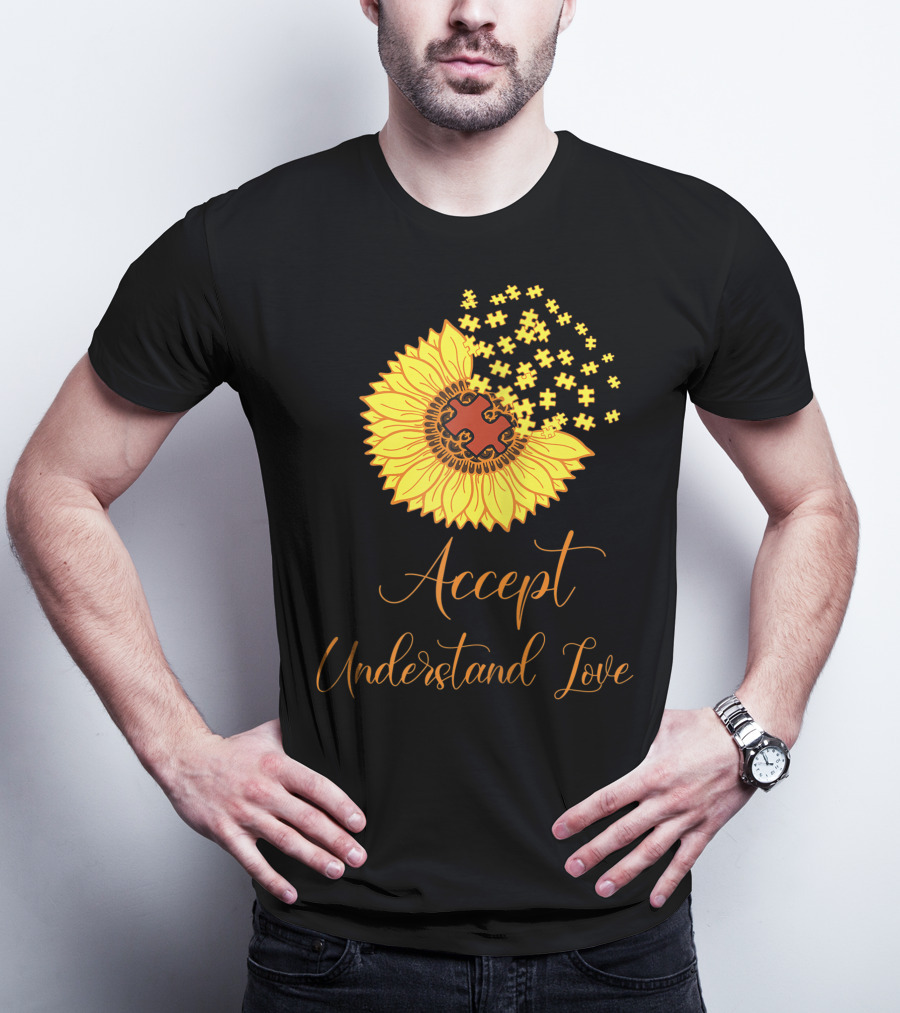 Sunflower Autism Awareness Month Accept Understand Love Puzzle Piece T-Shirt