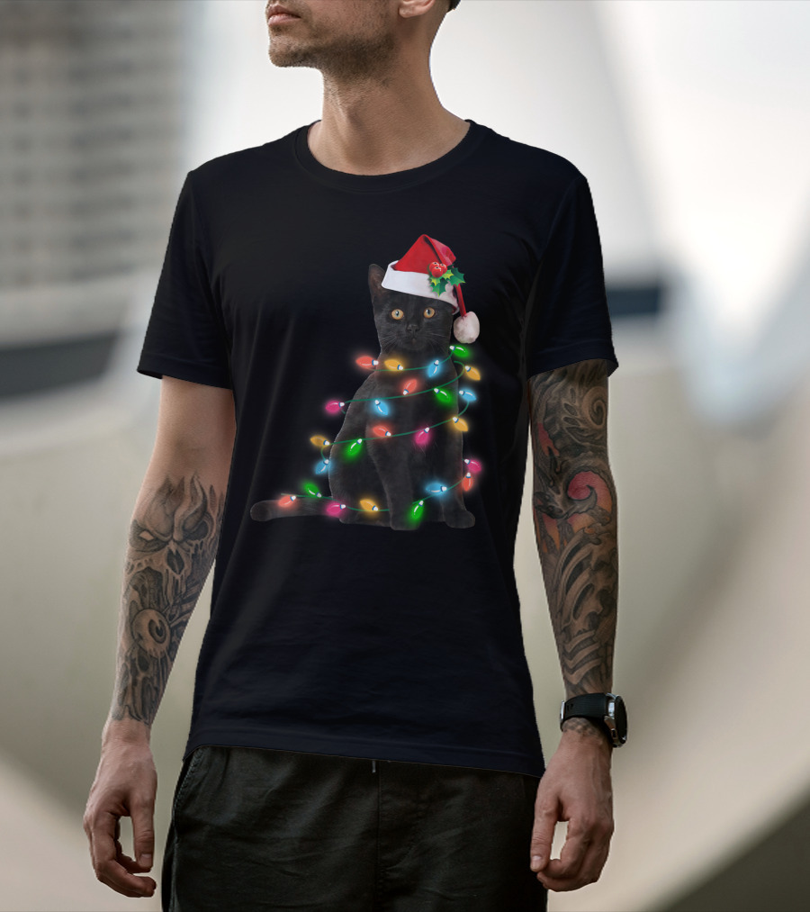 Black Cat In Christmas Lights With Santa Hat For Funny Cat Lover T-Shirt