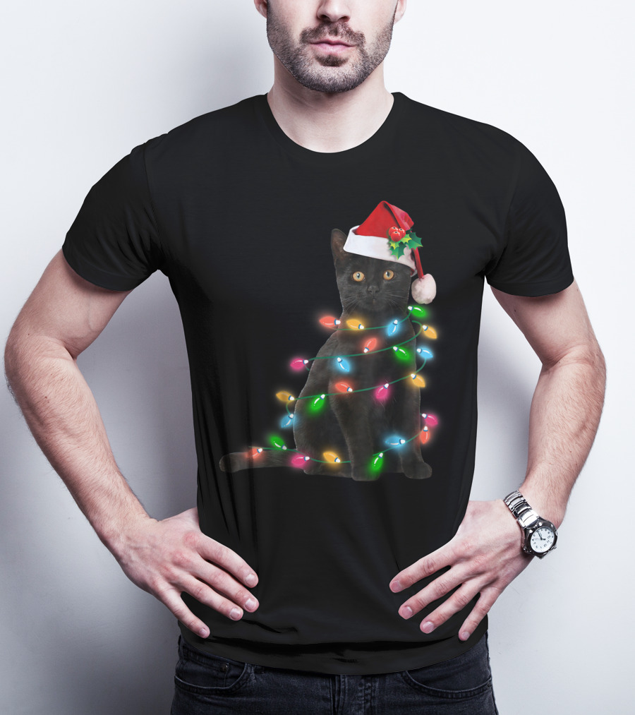 Black Cat In Christmas Lights With Santa Hat For Funny Cat Lover T-Shirt