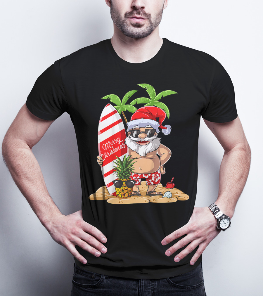 Merry Christmas Santa Hawaiian Surfing Summer Fun Pineapple Beach T-Shirt
