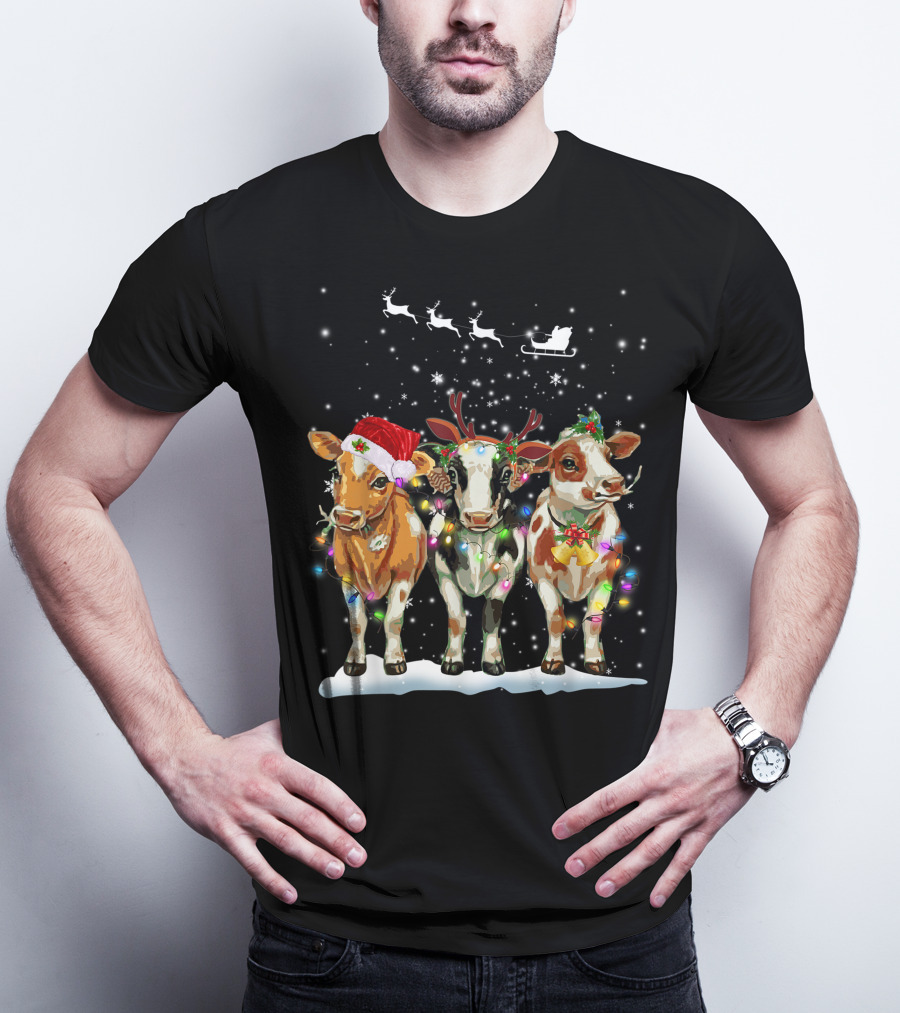 Cow Reindeer Hat Santa Christmas Light Sleigh Snowflakes T-Shirt