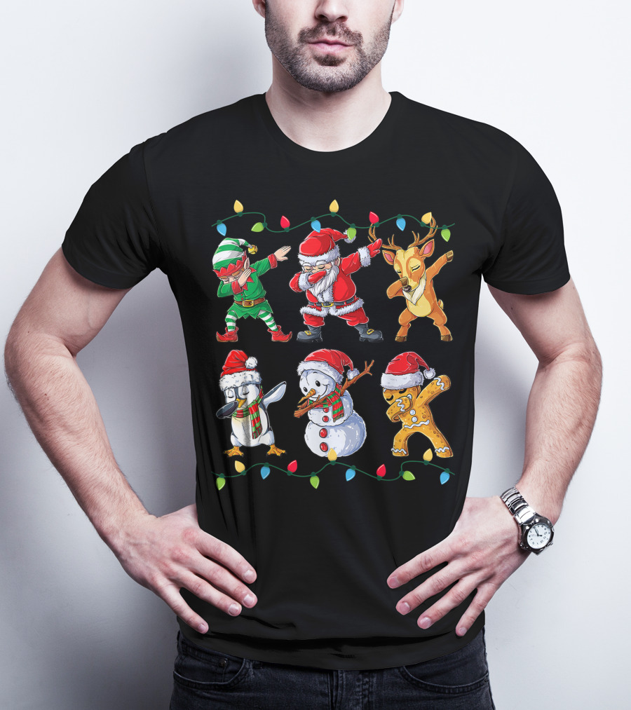 Dabbing Santa Claus Elf Reindeer Penguin Snowman Gingerbread Friends Christmas Lights T-Shirt