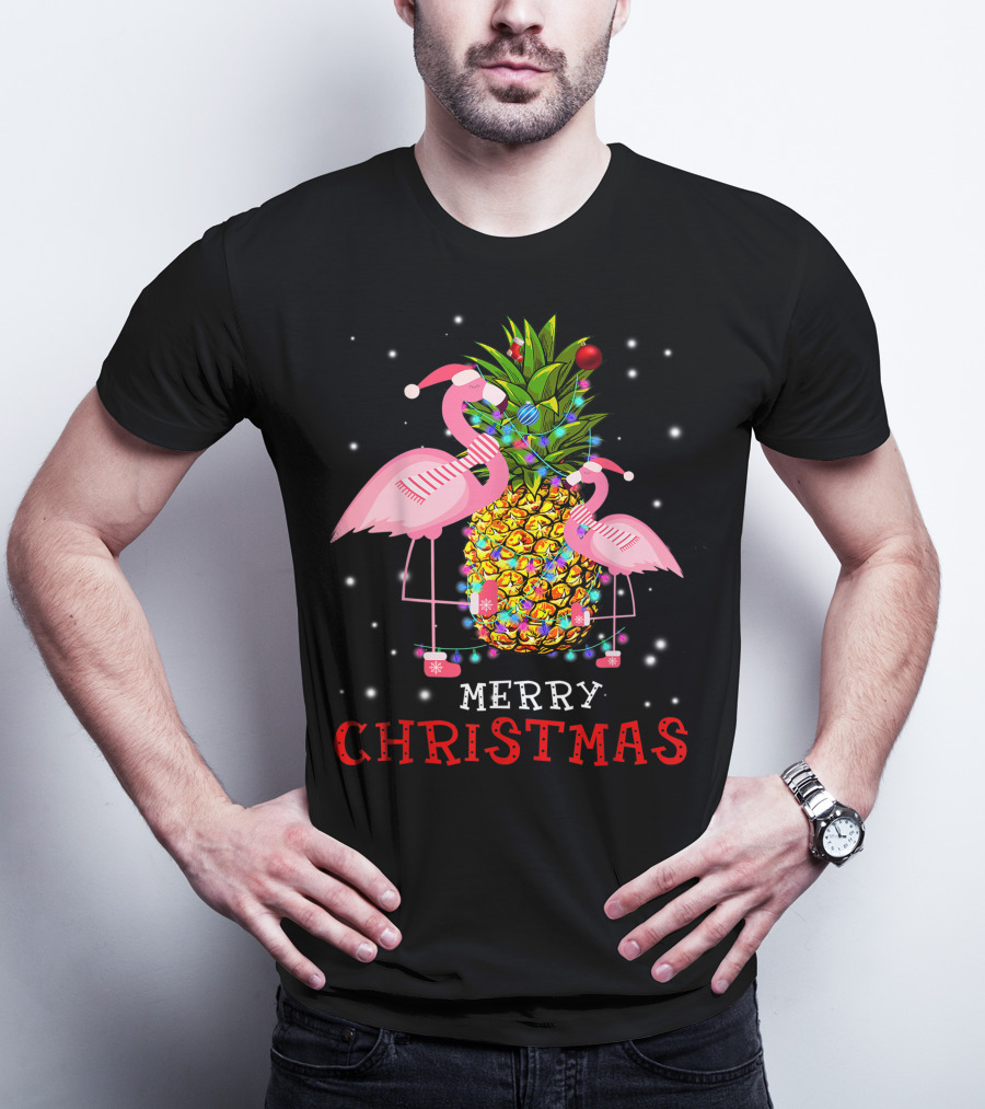 Merry Christmas Flamingo Pineapple With Xmas Lights T-Shirt