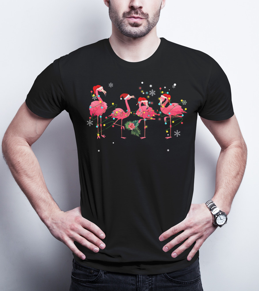 Pink Flamingo Christmas Lights And Snowflakes Fiesta T-Shirt