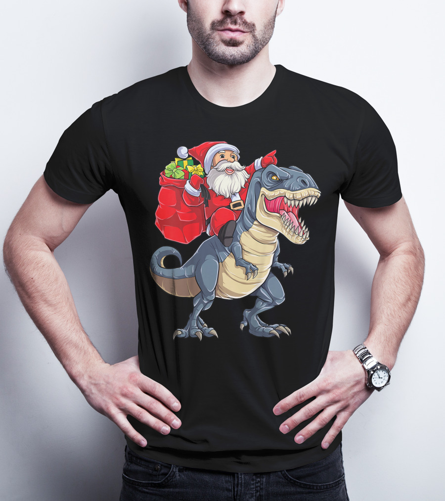 Santa Claus Riding T-Rex With Gifts T-Shirt