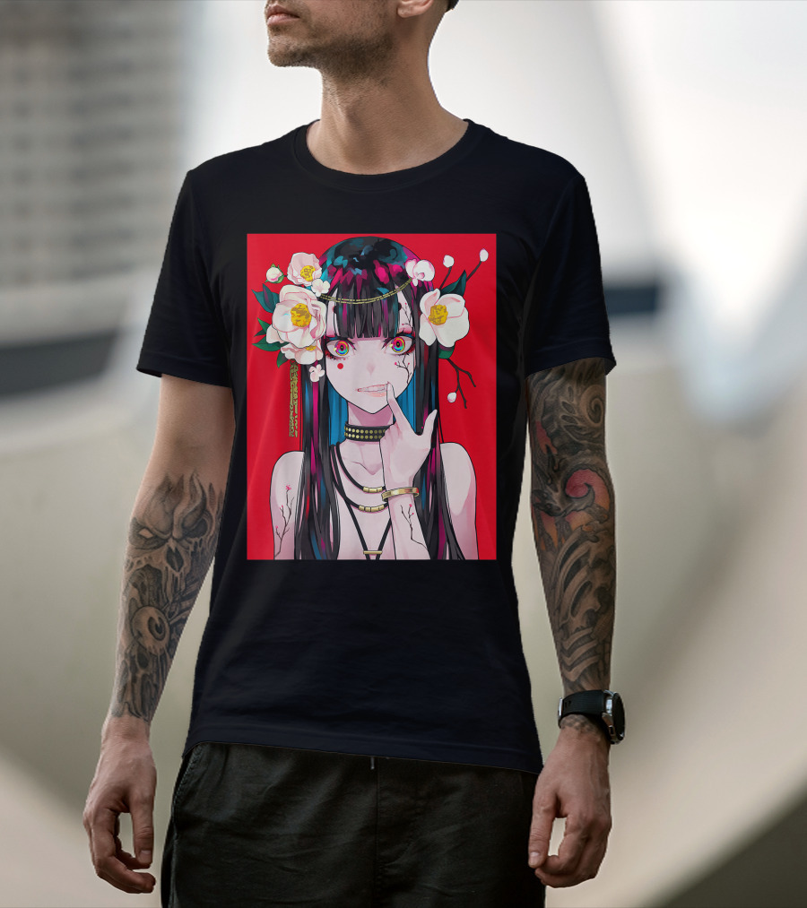 Anime Girl Japanese Aesthetic Otaku Red Background Flowers T-Shirt