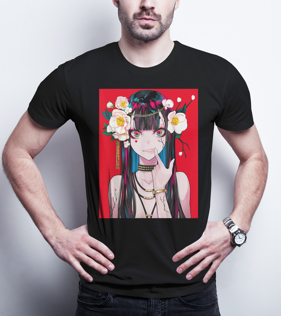 Anime Girl Japanese Aesthetic Otaku Red Background Flowers T-Shirt