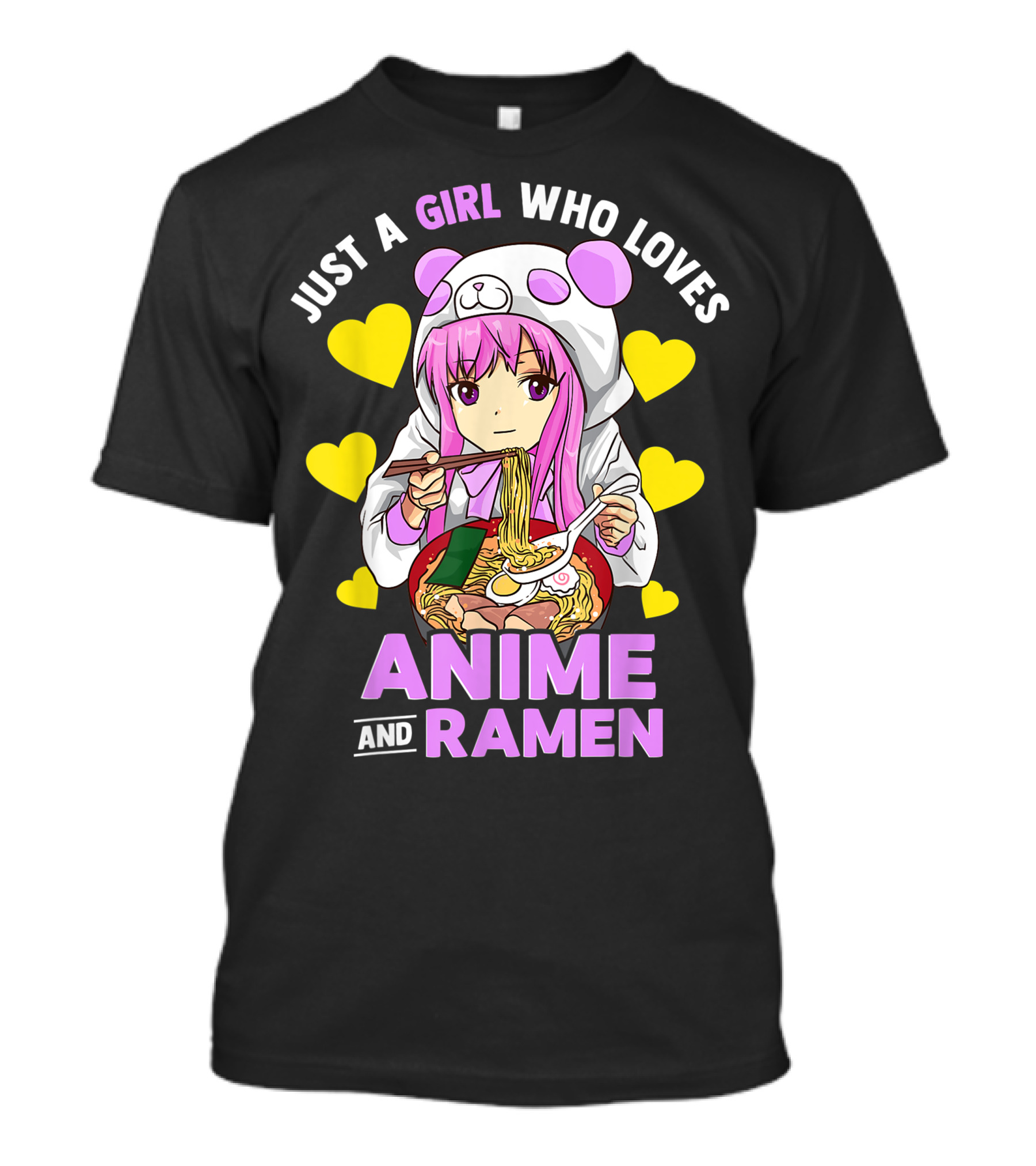 Just A Girl Who Loves Anime And Ramen Panda Hoodie Pink Hair T-Shirt