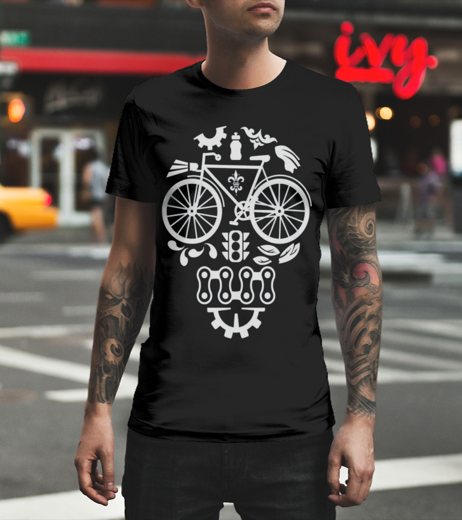 Humorous Cycling Skull With Bicycle Motif And Chain Design Elements T-Shirt