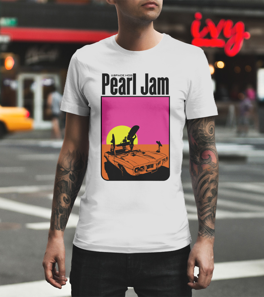 Pearl Jam & Space Hog Surfing Graphic Car Sunset T-Shirt