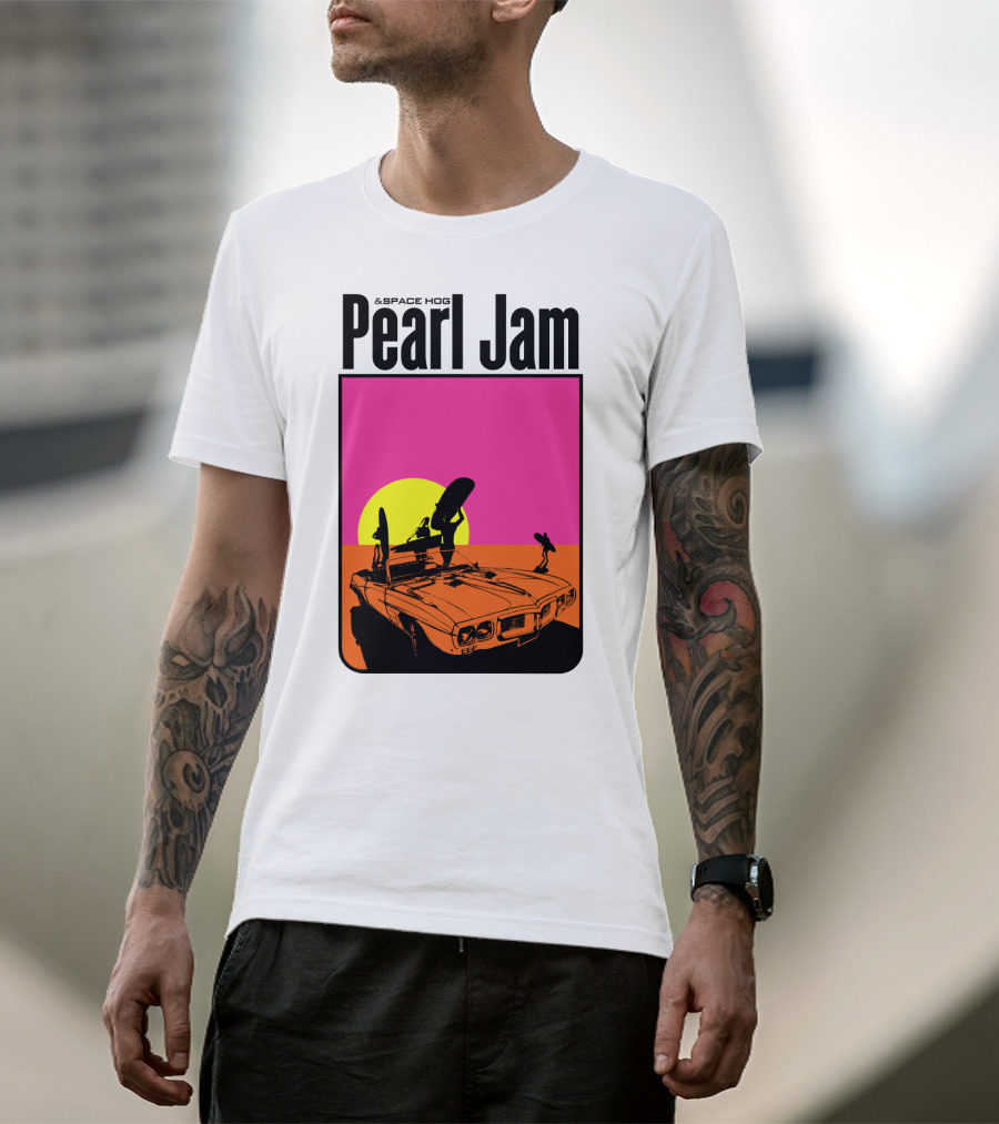 Pearl Jam & Space Hog Surfing Graphic Car Sunset T-Shirt