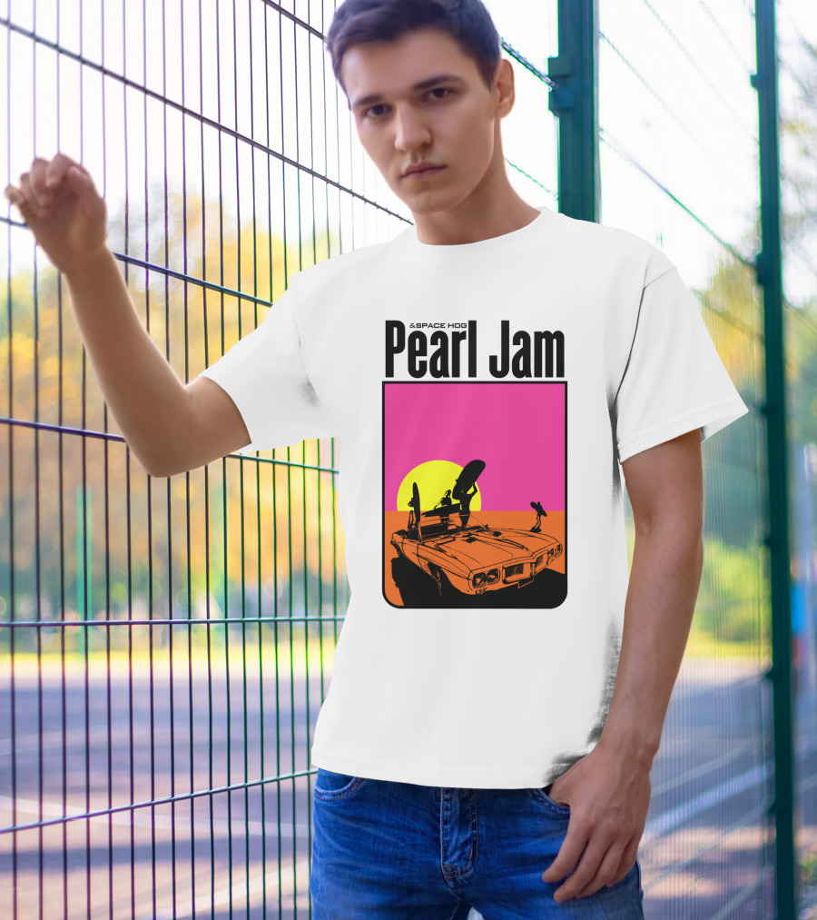 Pearl Jam & Space Hog Surfing Graphic Car Sunset T-Shirt