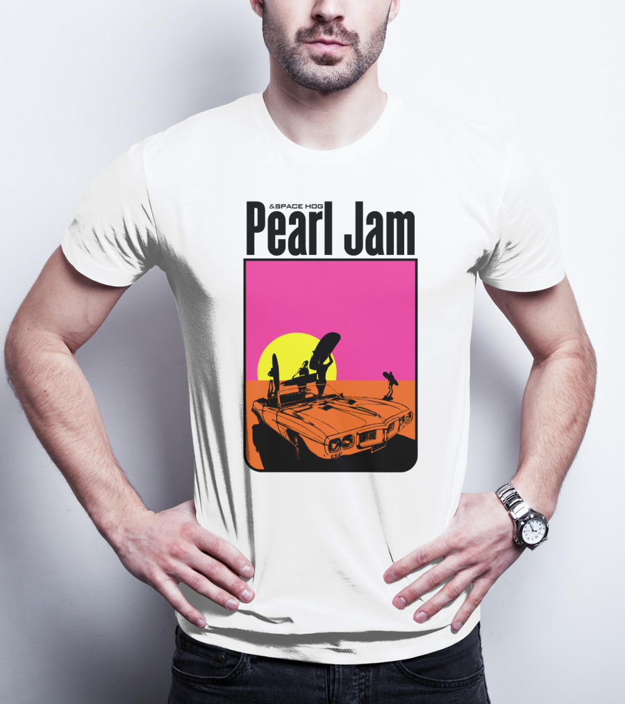 Pearl Jam & Space Hog Surfing Graphic Car Sunset T-Shirt