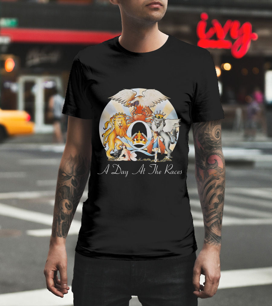 Queen A Day At The Races Album Cover Artwork With Lion And Griffin T-Shirt
