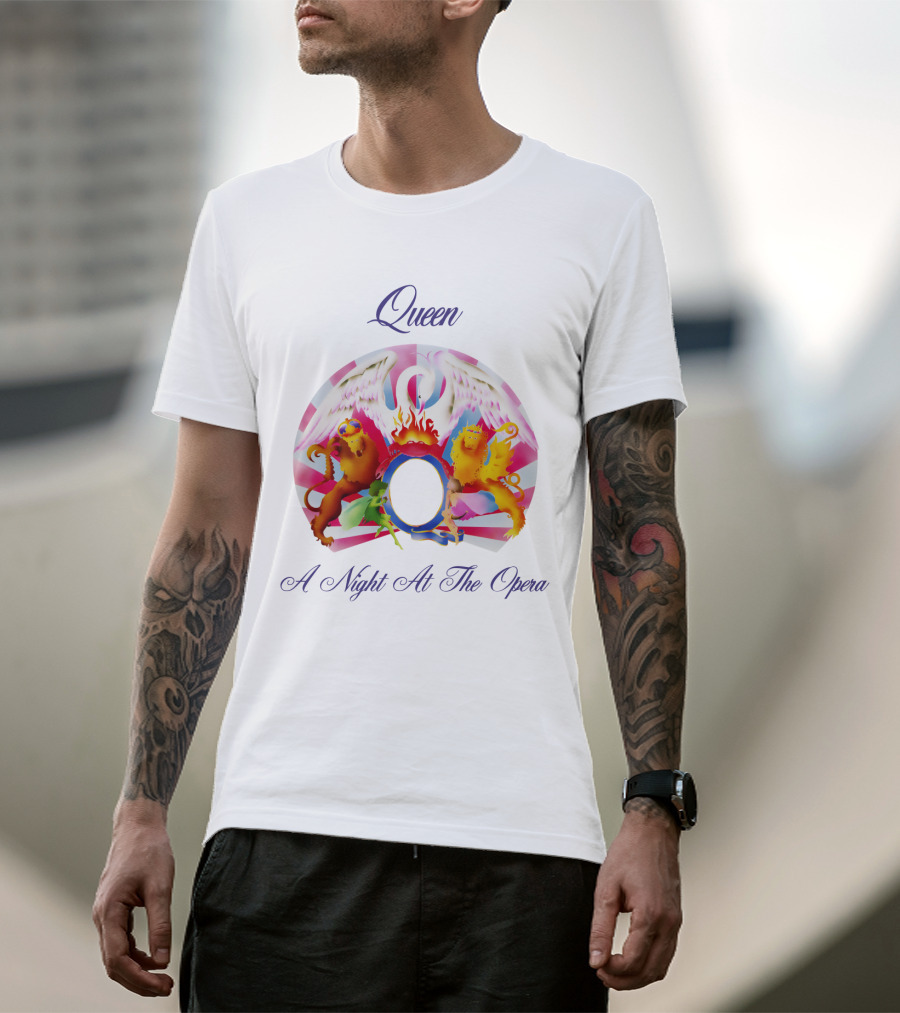 Queen A Night At The Opera Album Cover Art With Colorful Mythical Creatures And Winged Symbolism T-Shirt
