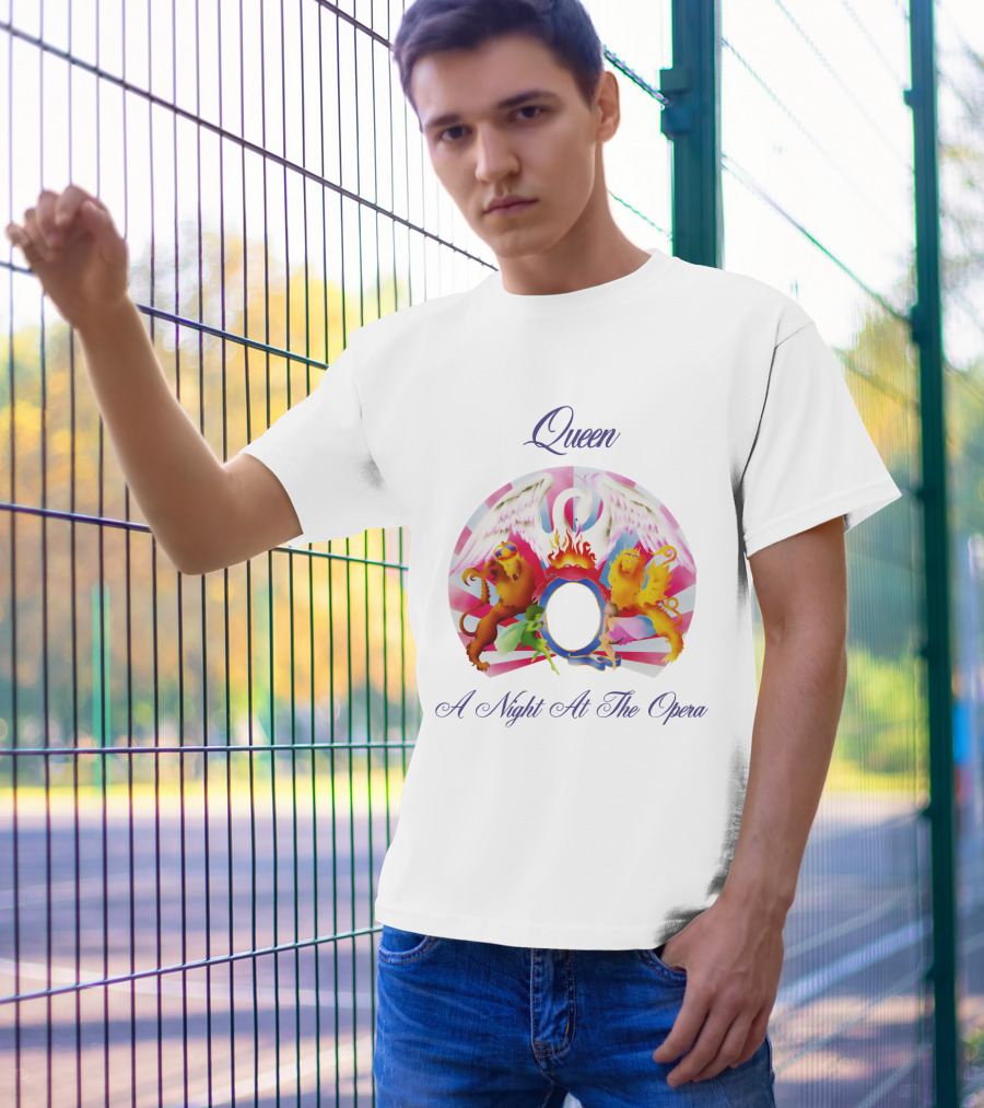Queen A Night At The Opera Album Cover Art With Colorful Mythical Creatures And Winged Symbolism T-Shirt
