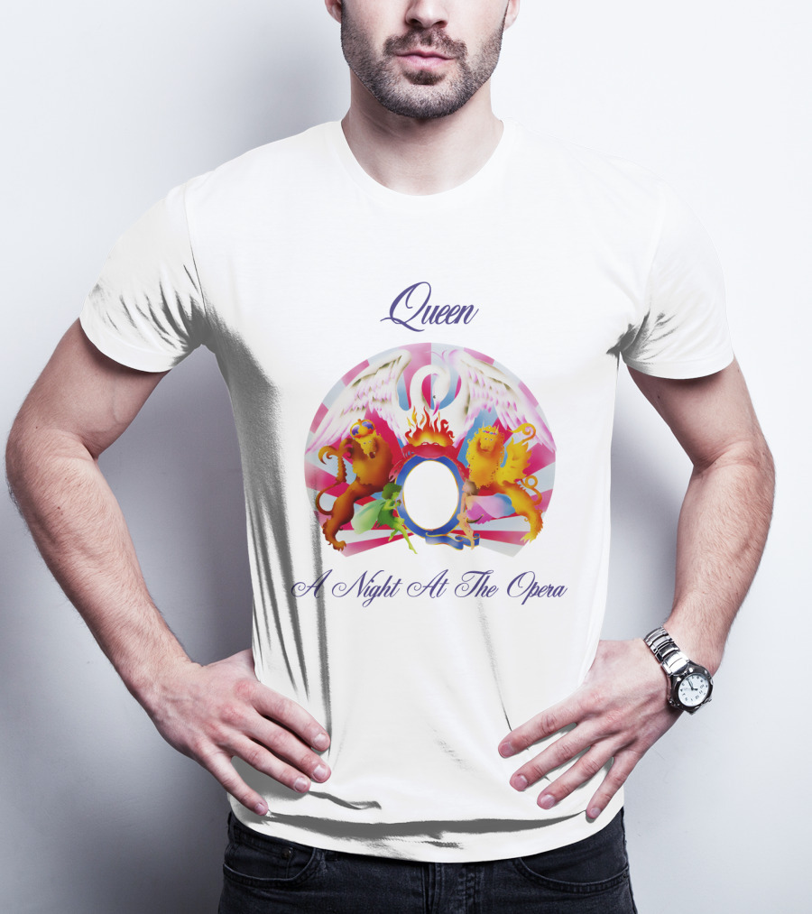Queen A Night At The Opera Album Cover Art With Colorful Mythical Creatures And Winged Symbolism T-Shirt