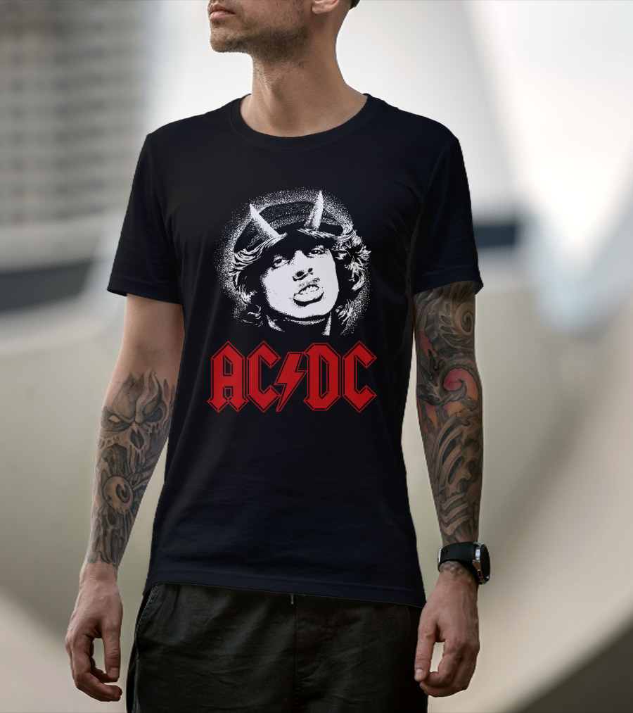 Acdc Rock Band Portrait With Red Logo And Horns T-Shirt