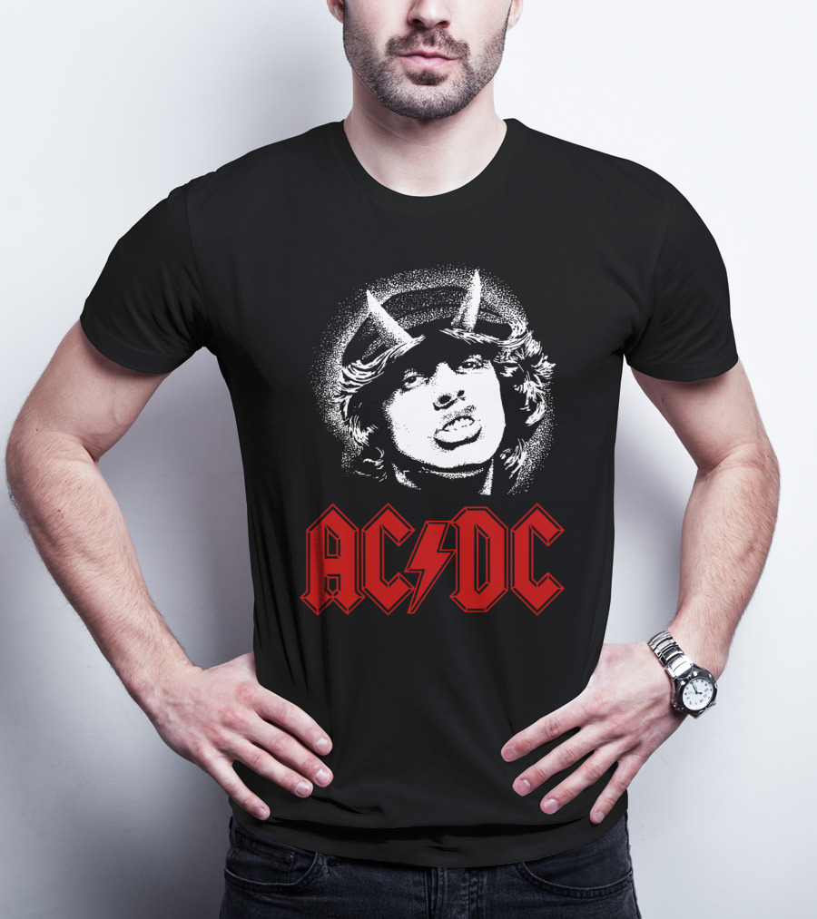 Acdc Rock Band Portrait With Red Logo And Horns T-Shirt