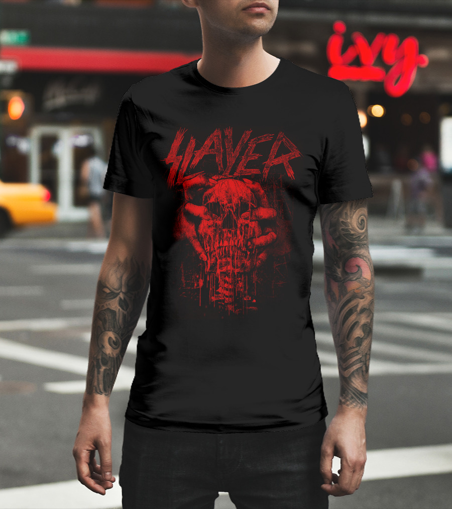 Slayer Red Skull With Hands Gripping Face T-Shirt