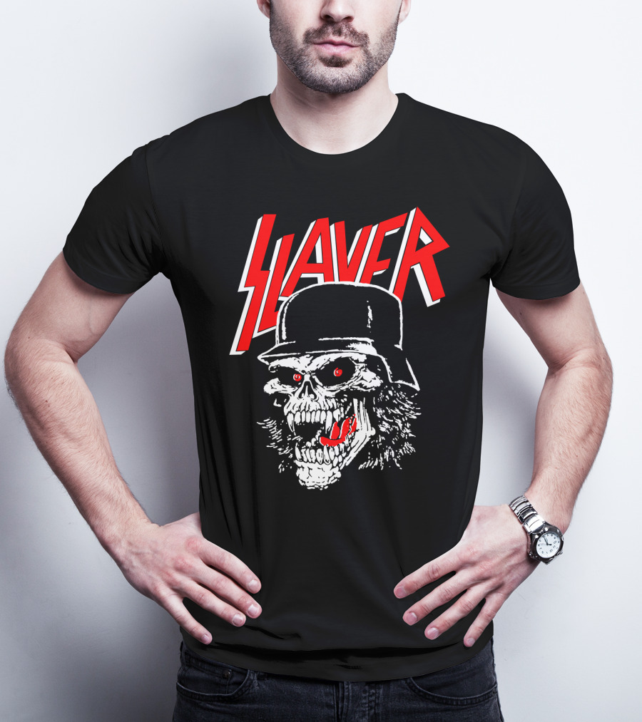 Slayer Skull With Helmet And Red Eyes T-Shirt