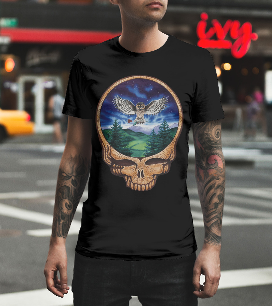 Grateful Dead Steal Your Face Owl In Night Sky Forest Scene T-Shirt