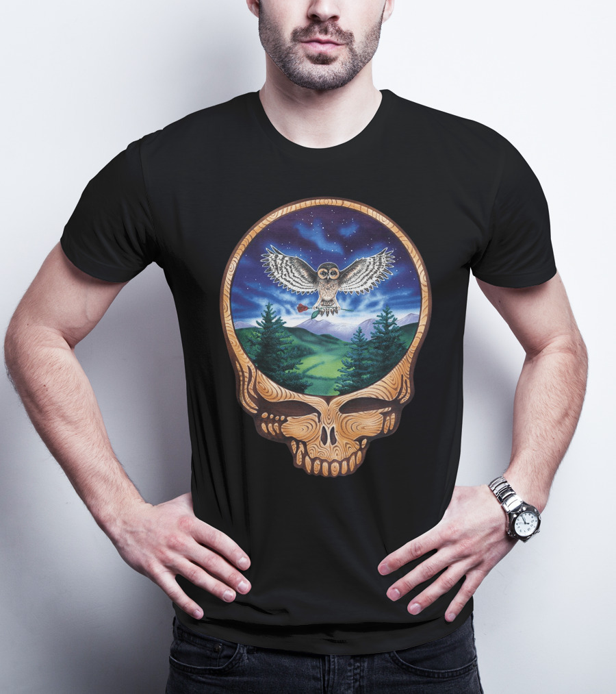 Grateful Dead Steal Your Face Owl In Night Sky Forest Scene T-Shirt