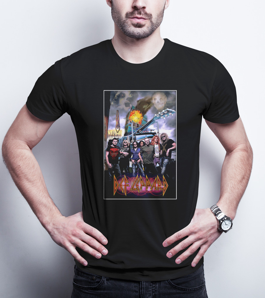 Def Leppard Band Imagery With Skull And Guitar Scene T-Shirt