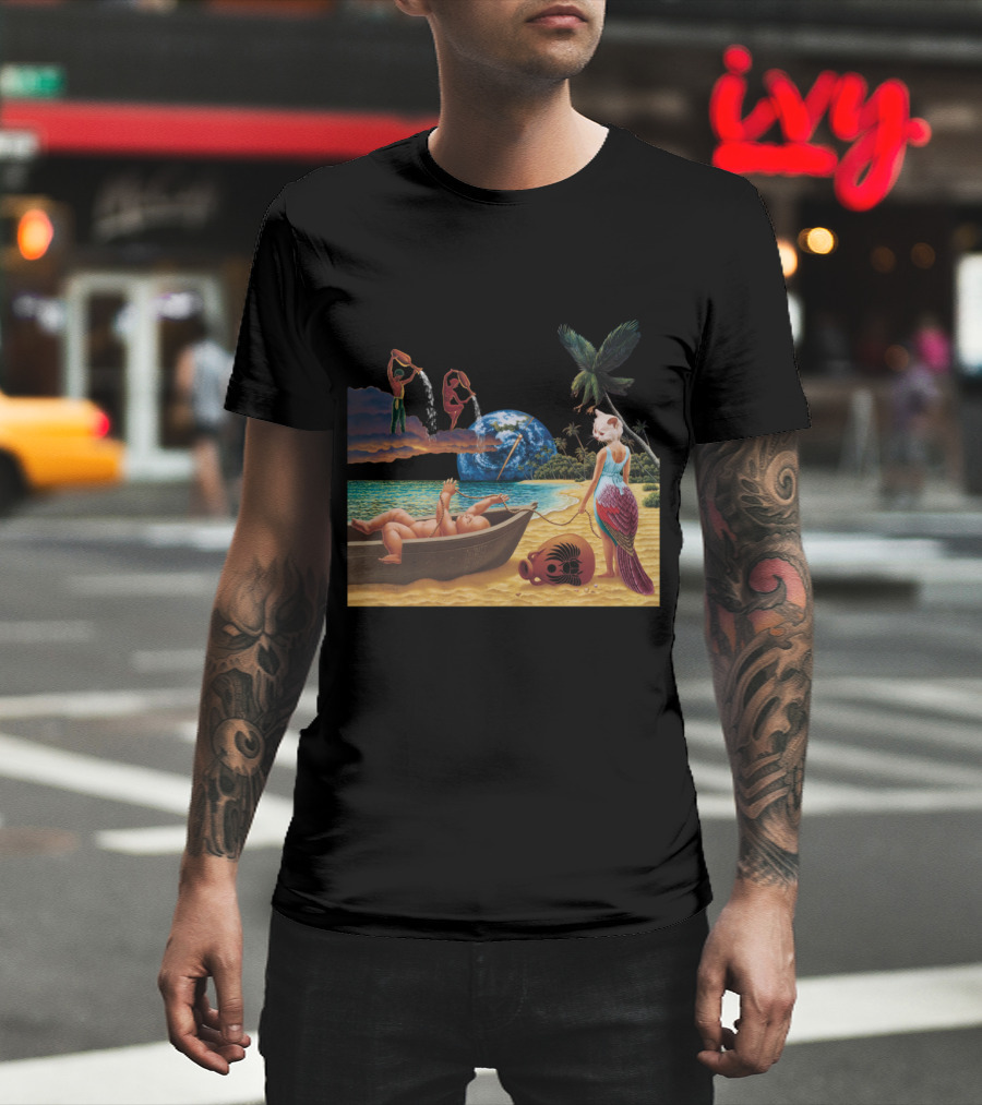 Surreal Tropical Scene With Mermaid And Earth T-Shirt