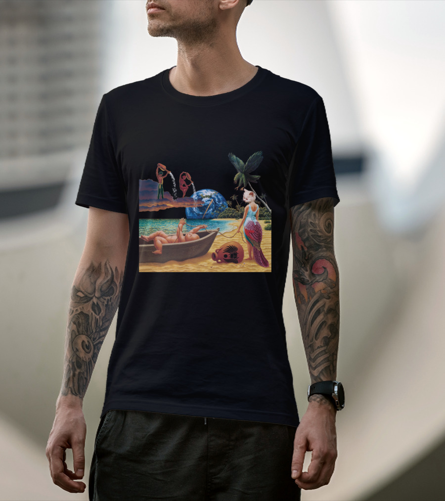 Surreal Tropical Scene With Mermaid And Earth T-Shirt