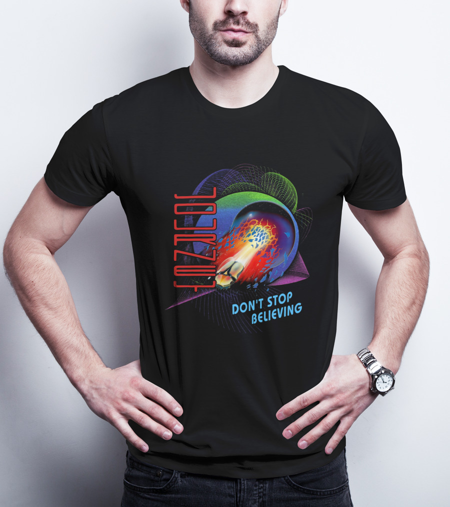 Journey Don't Stop Believing Text With Fiery Planet And Geometric T-Shirt